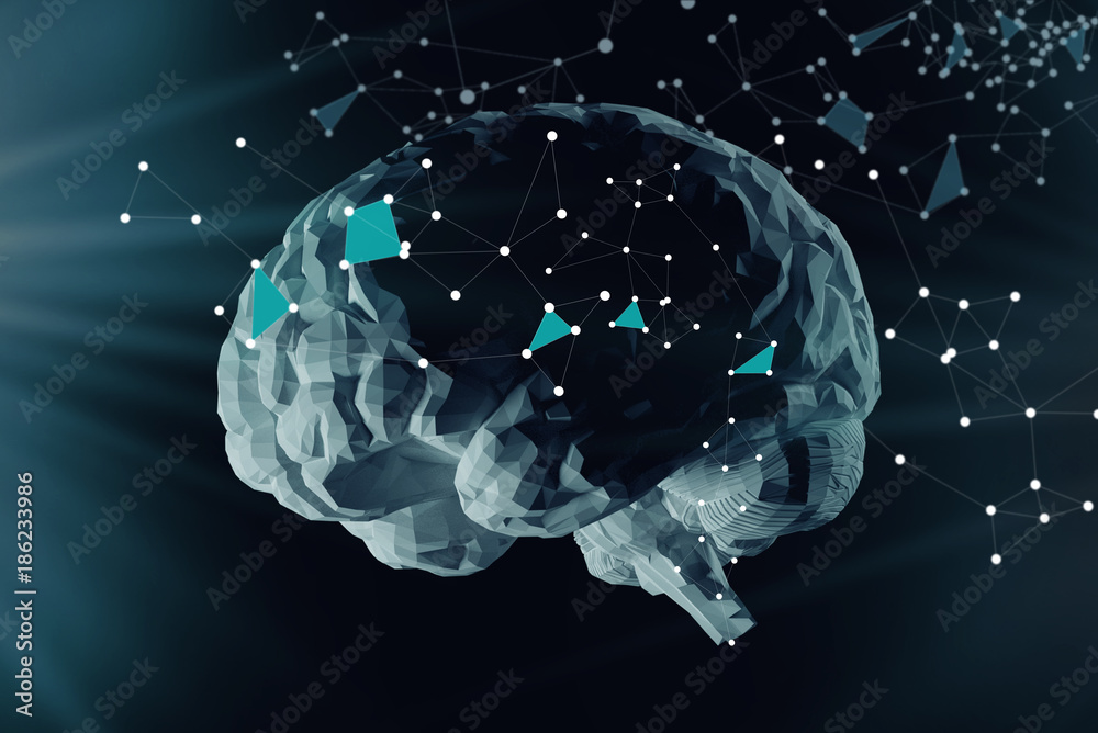 The digital brain and the grid connections of neurons. Concept of ...