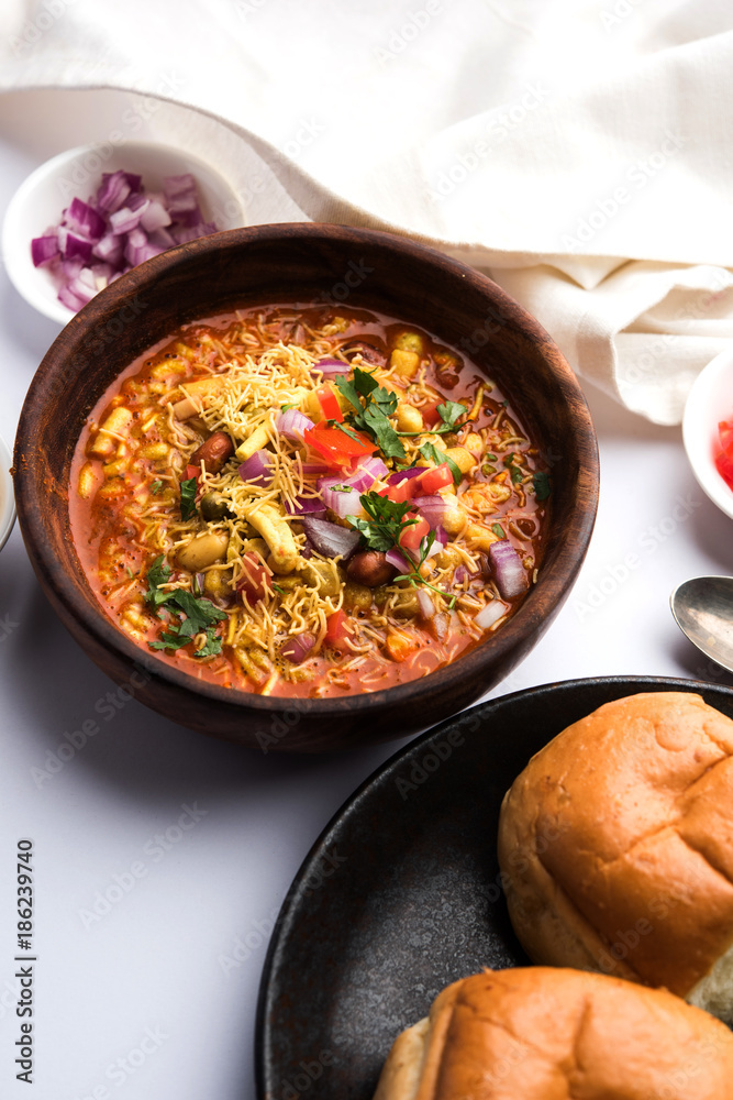Misal Pav or misalpav, Misal Pav with Farsan. Traditional Indian spicy ...