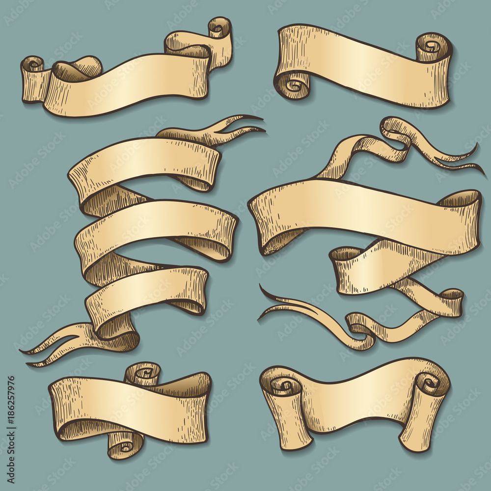 Medieval scrolls. Cartoon manuscript paper banners or antique papyrus ...