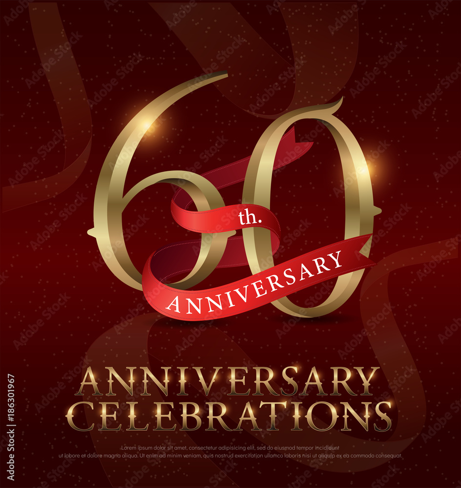 60th years anniversary celebration golden logo with red ribbon on red ...