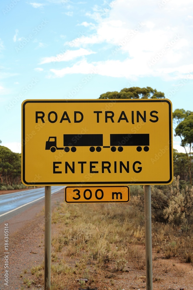 Traffic sign for Road trains in the Outback Australia Stock Photo ...