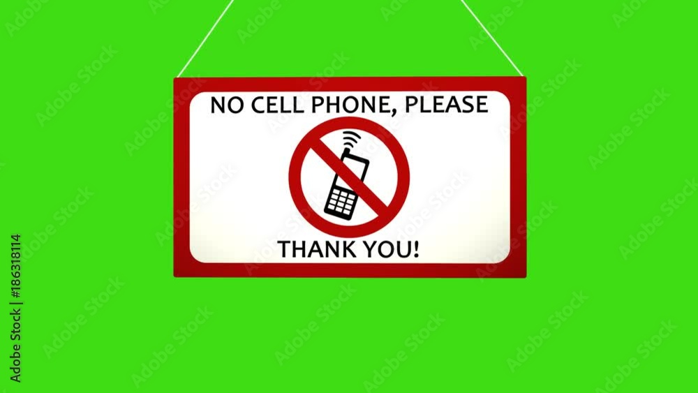 A business sign that says: No cell phone. Animated board falls and ...