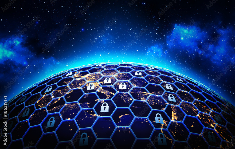 Global network security and data protection concept, a grid of cells ...