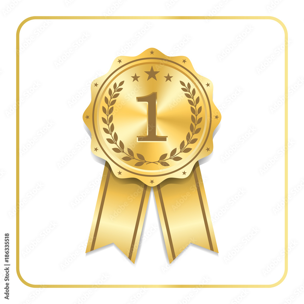 Award ribbon gold icon. Blank medal with laurel wreath isolated white ...