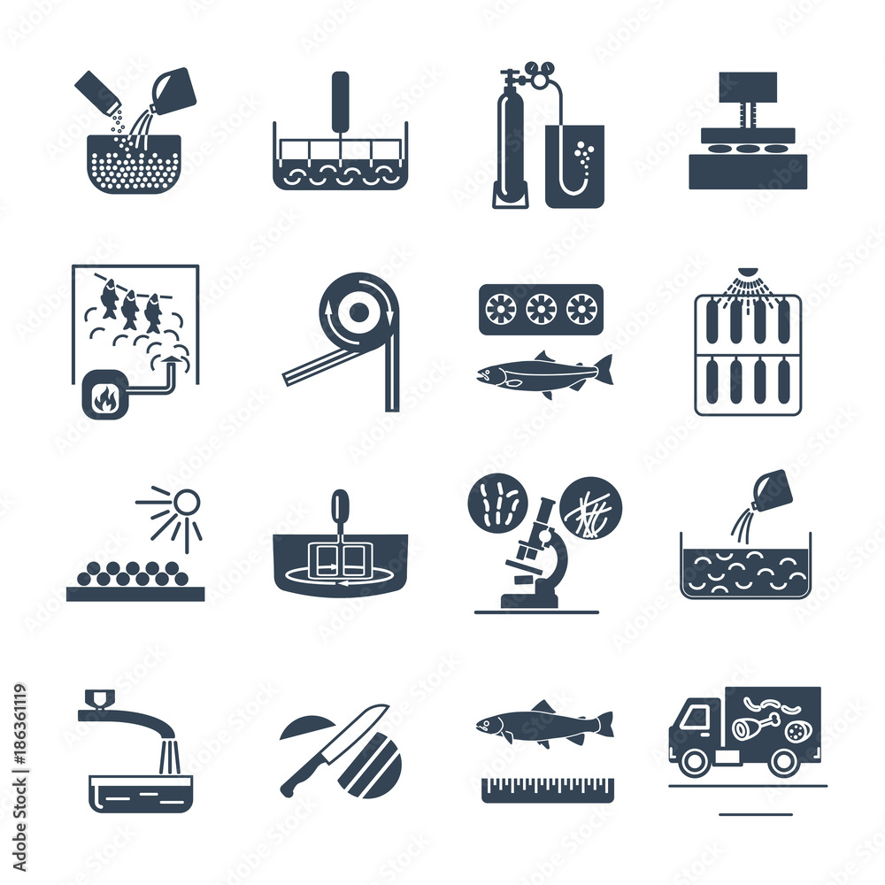 set of black icons food, meal production process, fish, cooking Stock ...