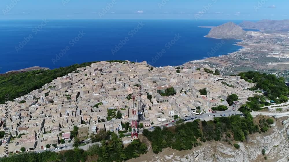 Aerial of Erice panning left showing historic town in province Trapani ...