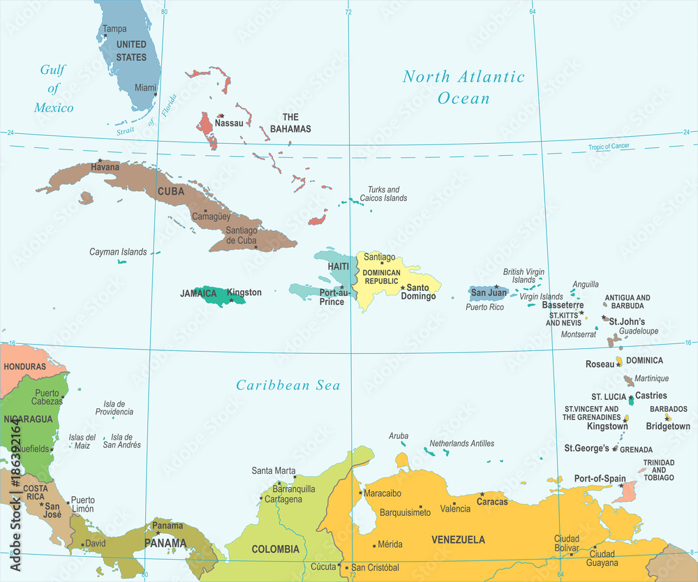 Poster The Caribbean Map - Vector Illustration – Wall Art | UkPosters