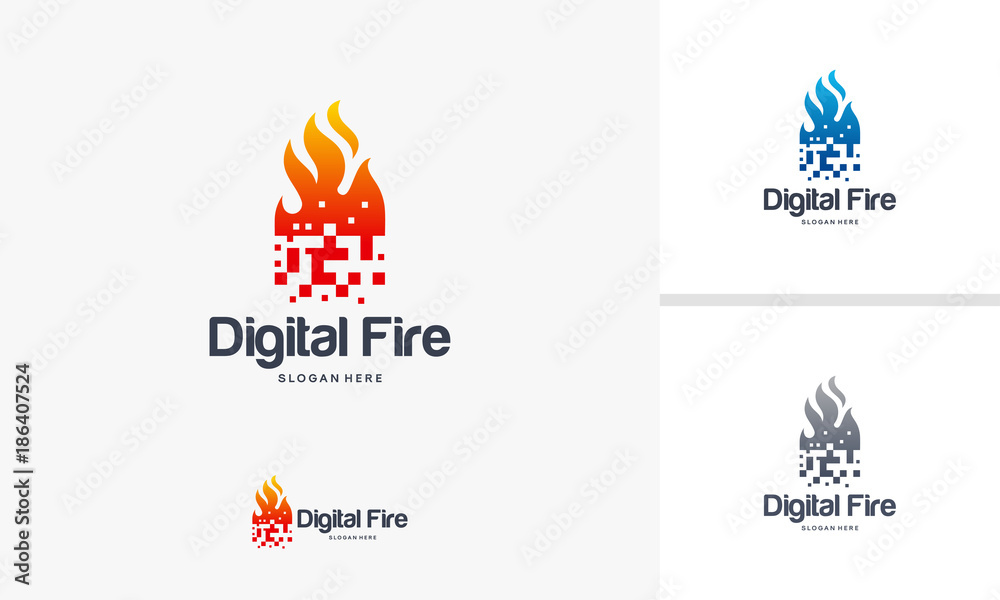 Digital Fire logo designs concept, Pixel Fire logo designs template ...