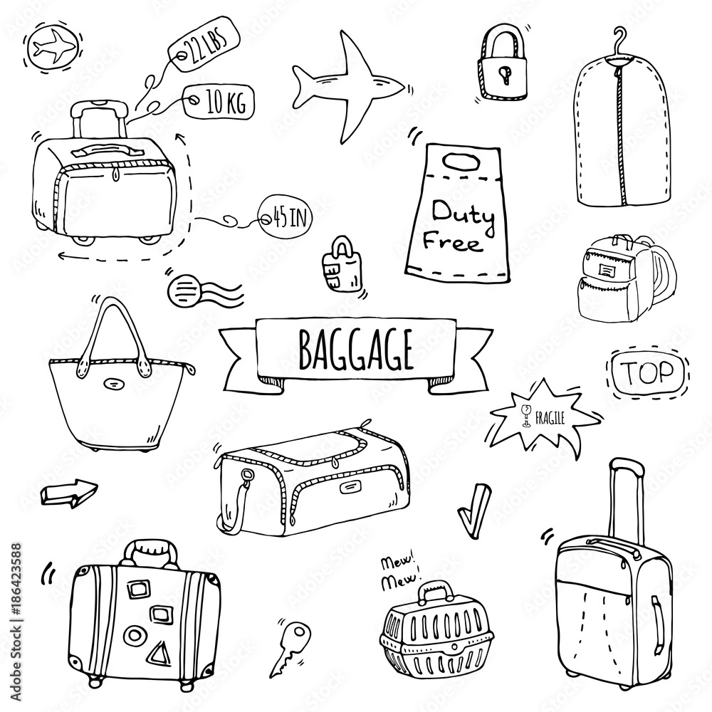 Hand drawn doodle Baggage icons set. Vector illustration. Different ...