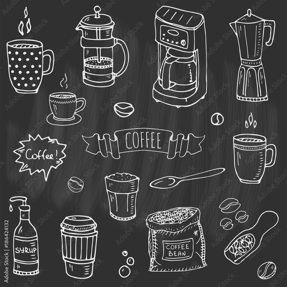 Hand drawn doodle Coffee time icon set Vector illustration isolated ...