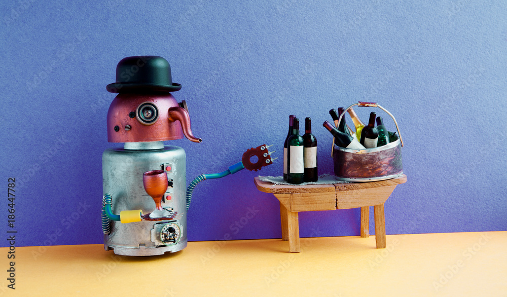 Funny robot alcoholic gets drunk. Wine party event concept. Creative ...
