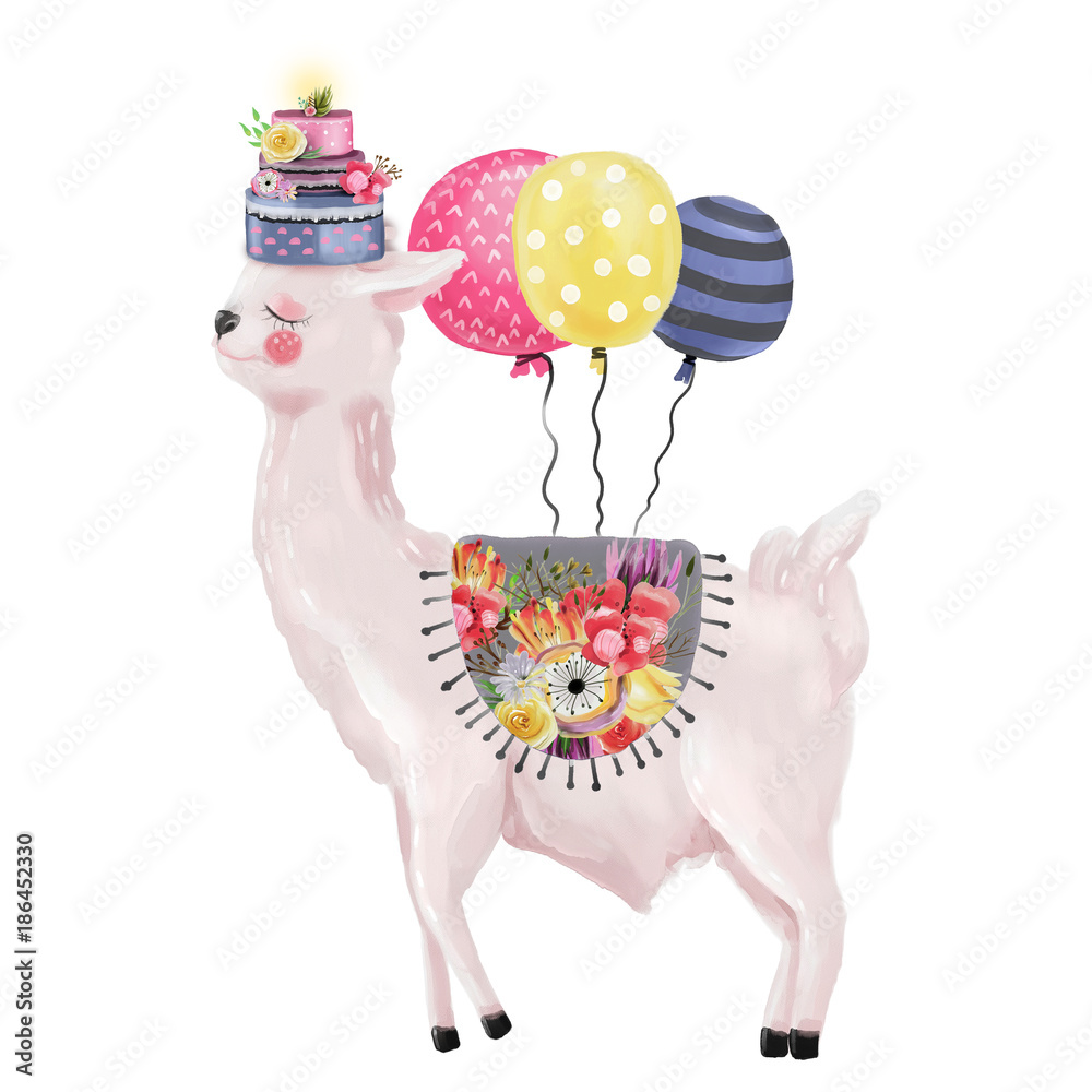 Cute watercolor dreaming llama, alpaca with birthday cake, balloons and ...