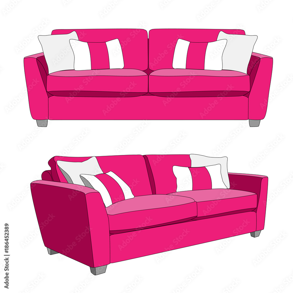 Modern pink sofa with decorative pillows. 3d cartoon style vector ...