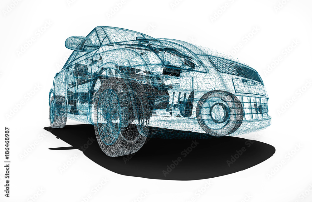 car development process / 3d render image of an car in wire frame ...
