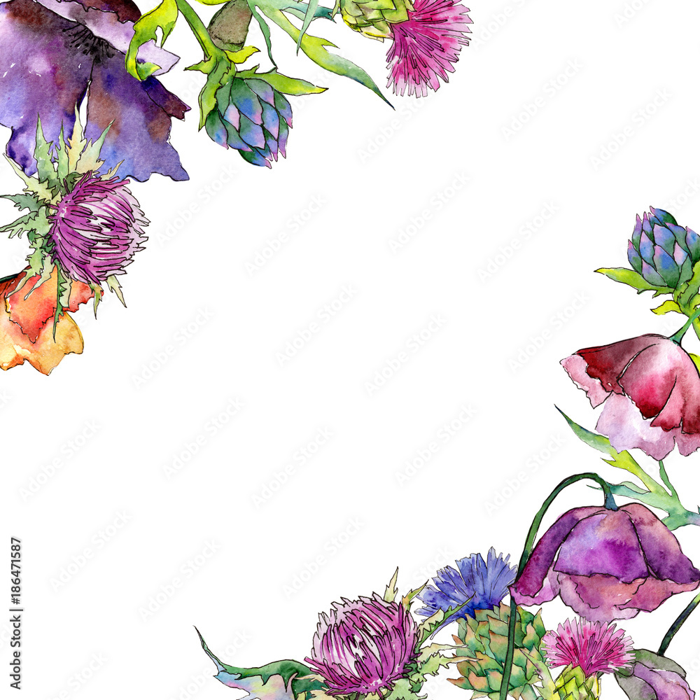Wildflower thistle flower frame in a watercolor style. Full name of the ...