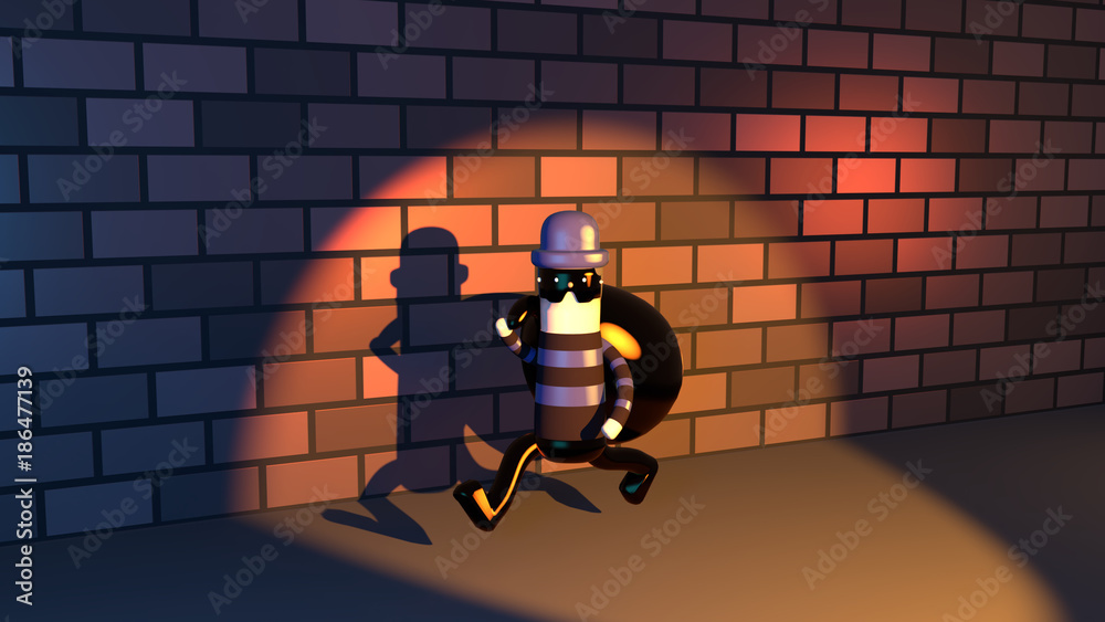 3d rendering picture of cartoon thief caught in a spotlight against ...
