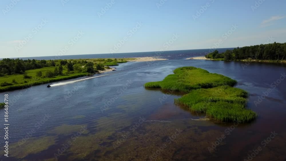 Gauja river Latvia drain into Baltic Sea aerial drone top view 4K UHD ...