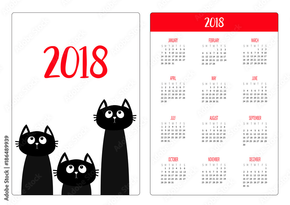 Pocket calendar 2018 year. Week starts Sunday. Three black cat set ...