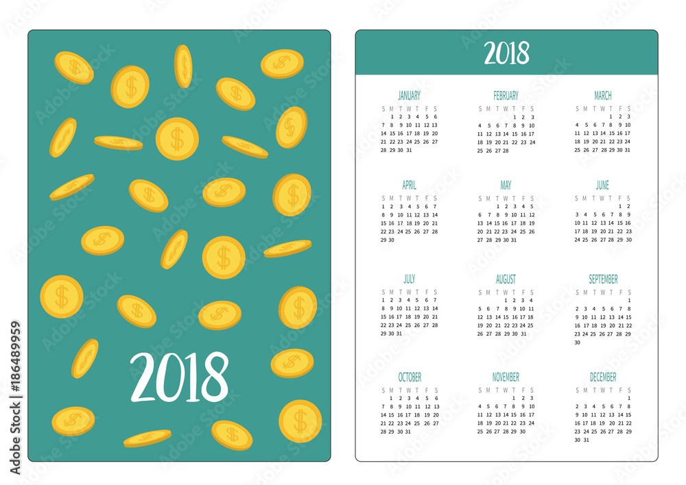 Pocket calendar 2018 year. Week starts Sunday. Golden coin 3D icon set ...