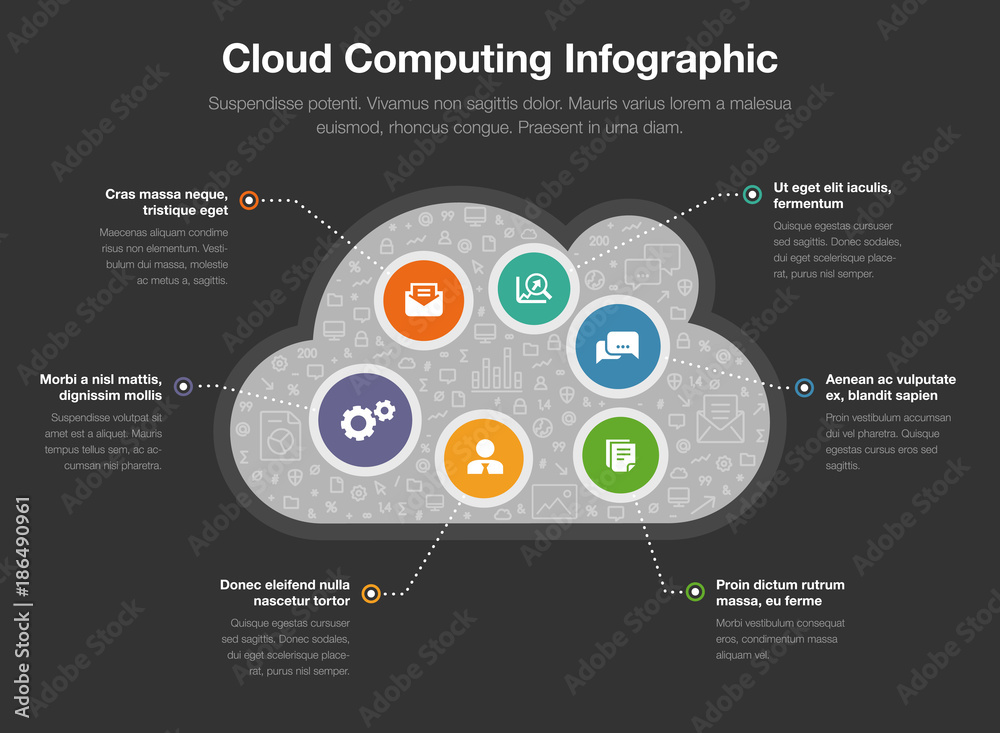 Cloud computing infographic concept with cloud symbol isolated on dark ...
