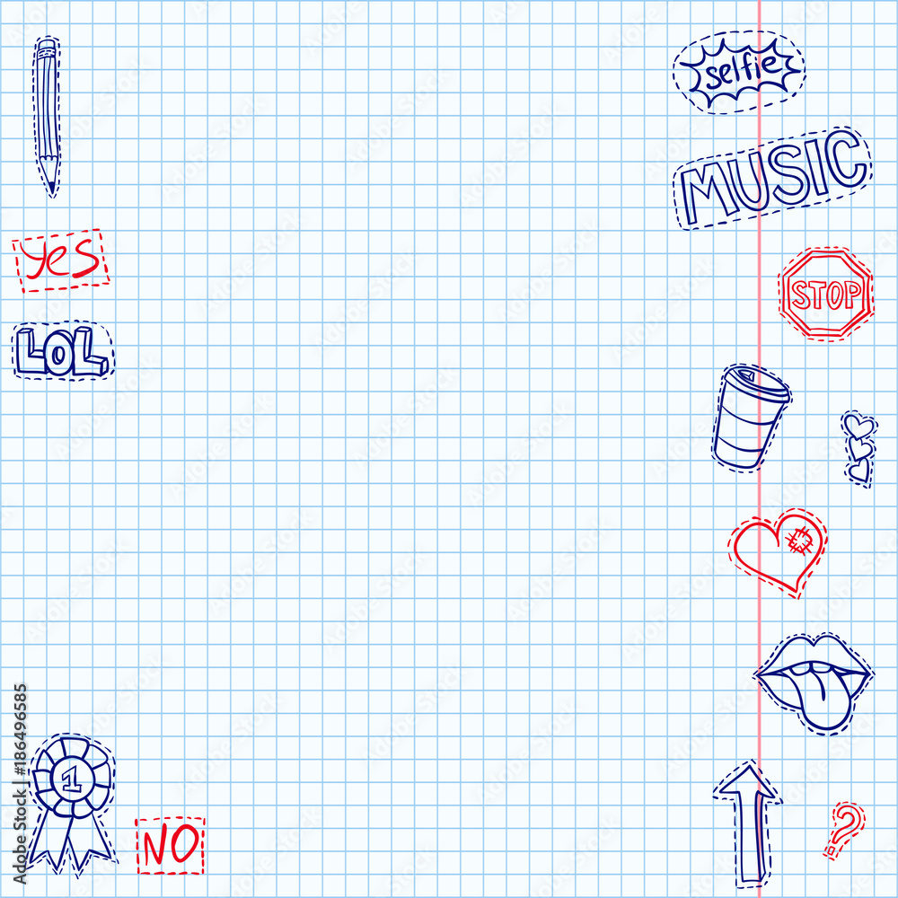 Exercise book page doodles stickers background comic Stock Vector ...