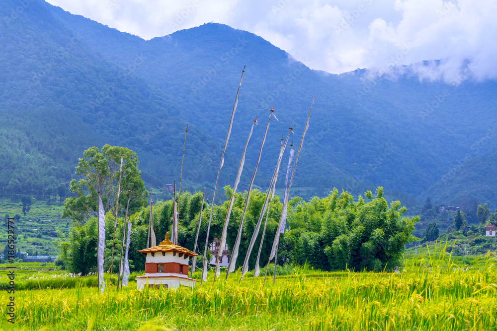 Shrine and Prayer Flags in the rice field, Bhutan Stock Photo | Adobe Stock
