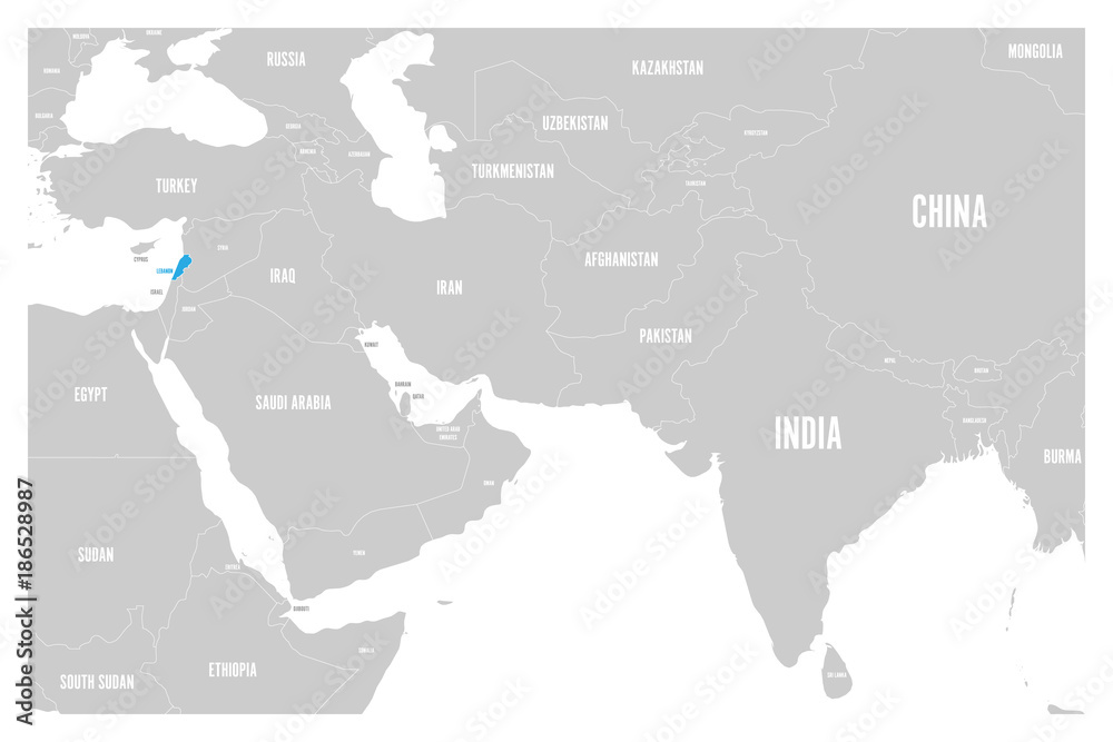 Lebanon blue marked in political map of South Asia and Middle East ...