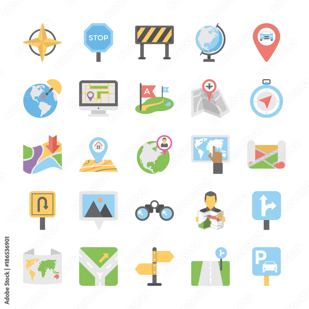 Maps And Navigation Flat Vector Icons Collection Stock Vector | Adobe Stock