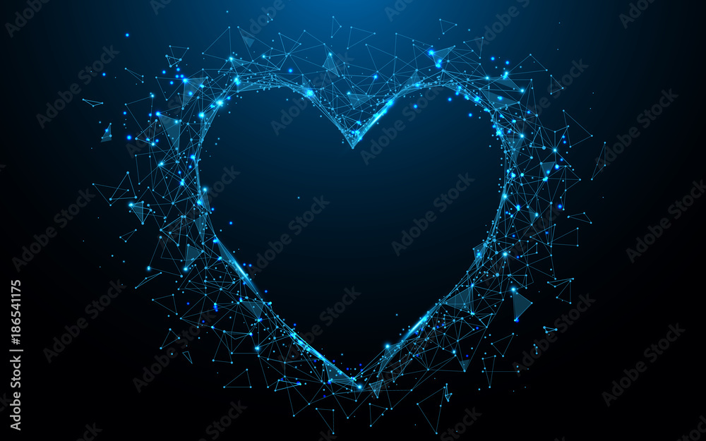Abstract Heart icon form lines and triangles, point connecting network ...