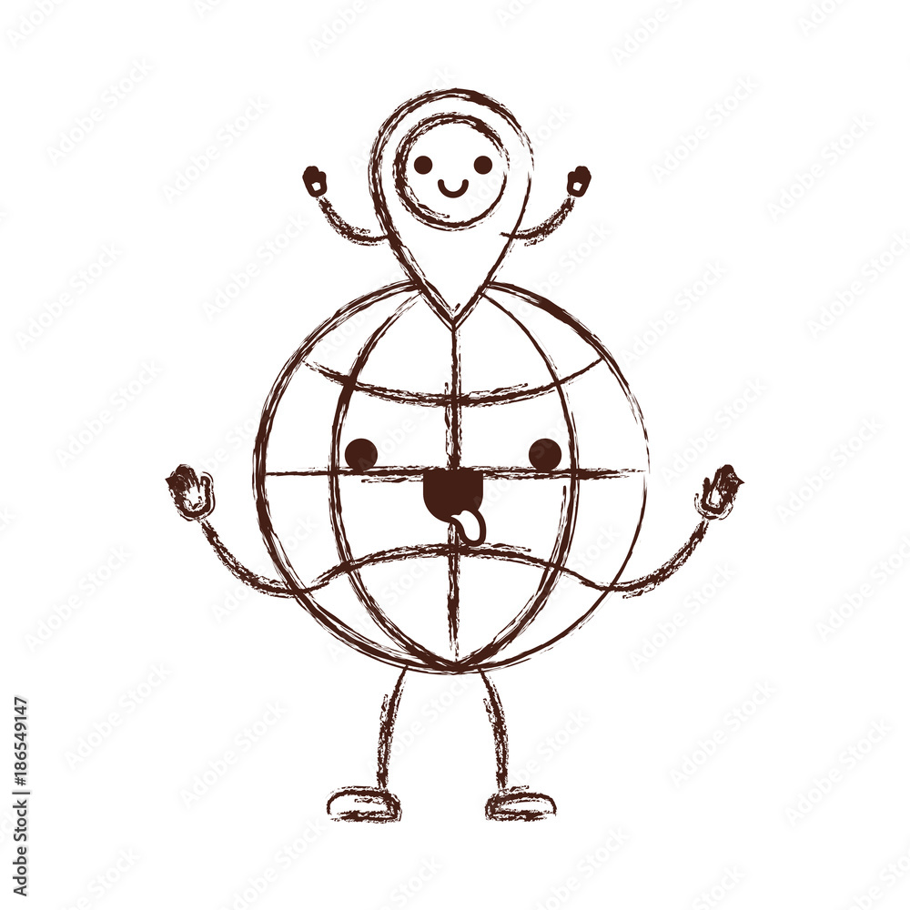 animated kawaii world globe and kawaii map pointer on top in monochrome ...