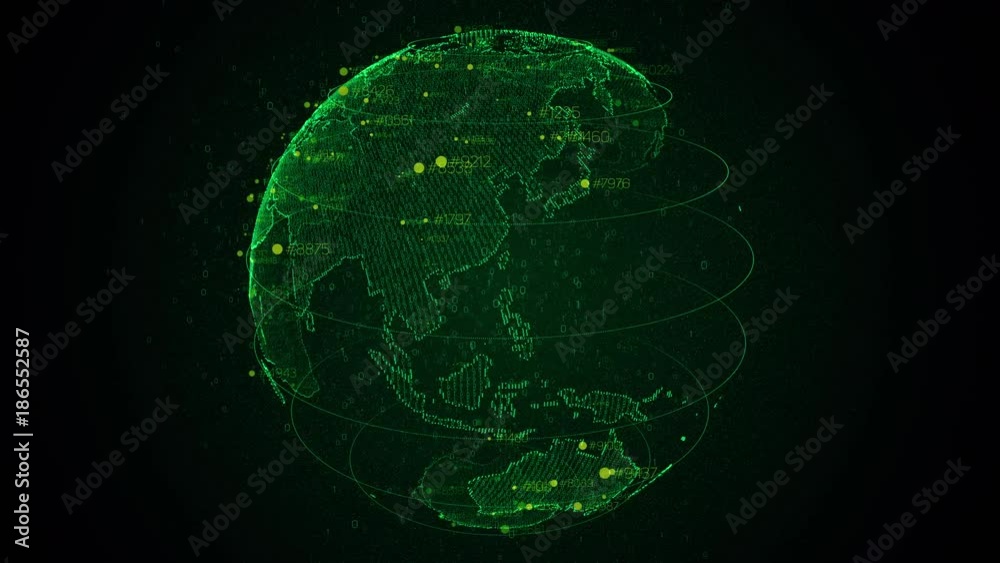 Pixel green 3D planet Earth with big data animation. Rotating globe ...