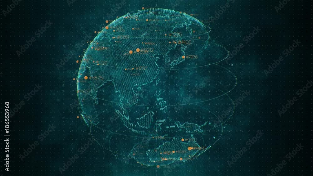 Pixel blue 3D planet Earth with big data animation. Rotating globe ...