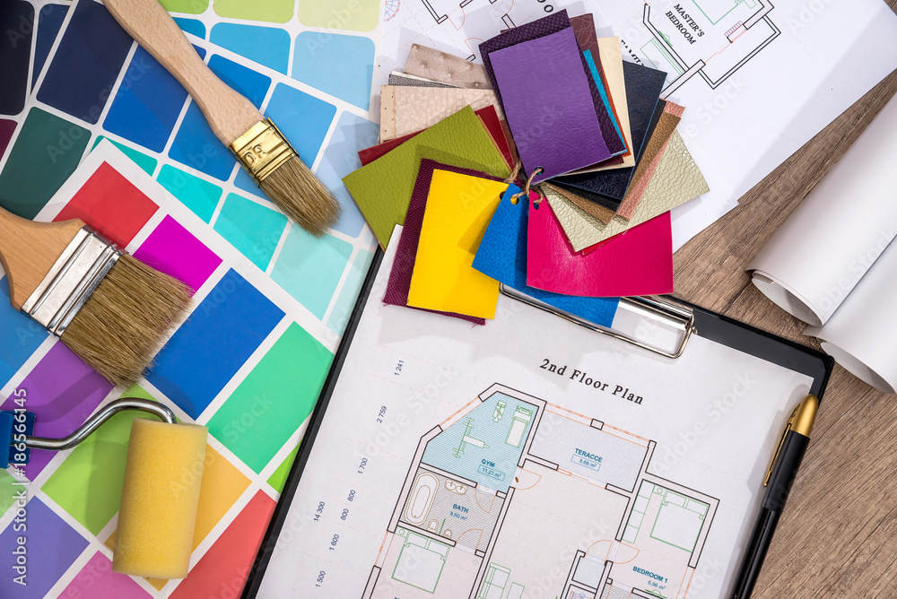 color sampler with house plan and drawing tools Stock Photo | Adobe Stock