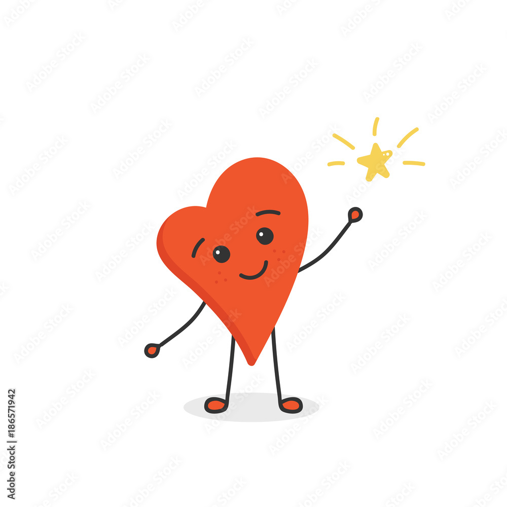 Cute smiling heart cartoon character trying to reach shiny golden star ...