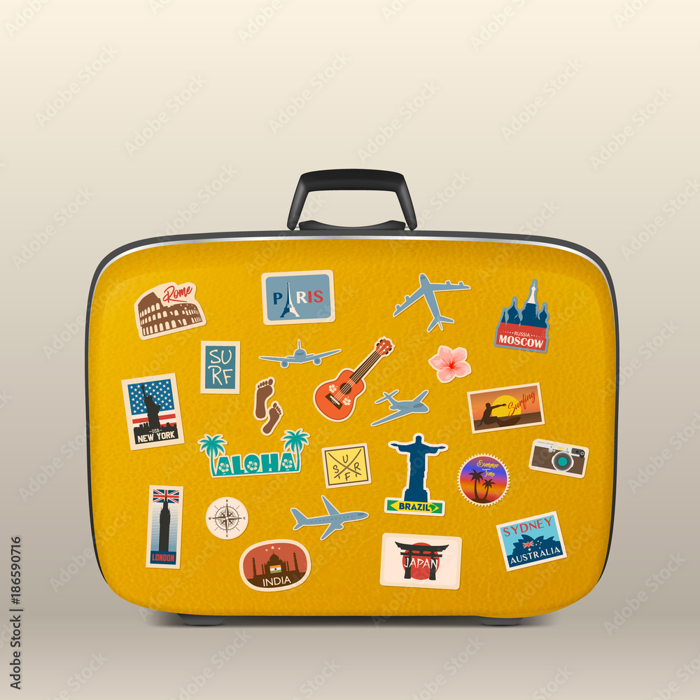 Vector travel stickers, labels with famous countries, cities, monuments ...