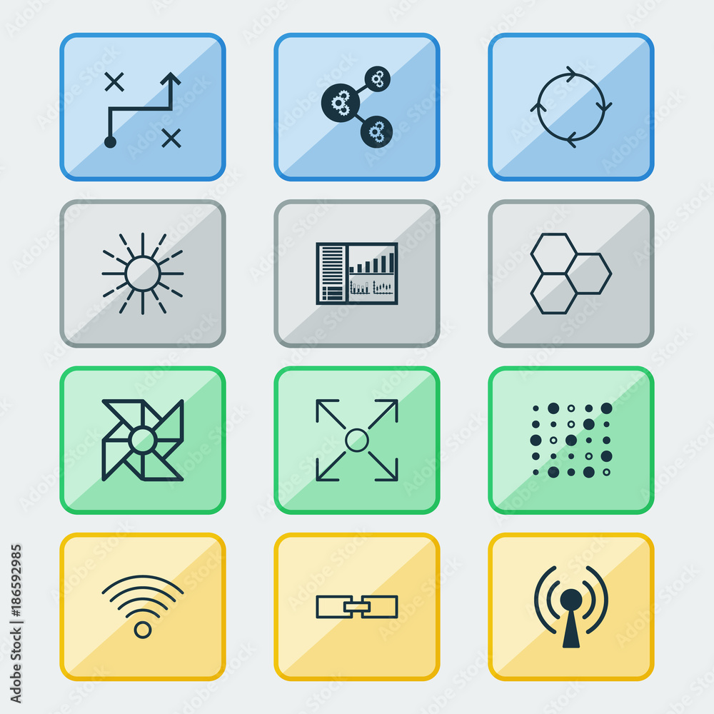 Machine icons set with variable architecture, branching program ...