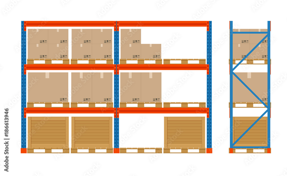Warehouse shelves with boxes. Storage equipment icon. Side view. Vector ...