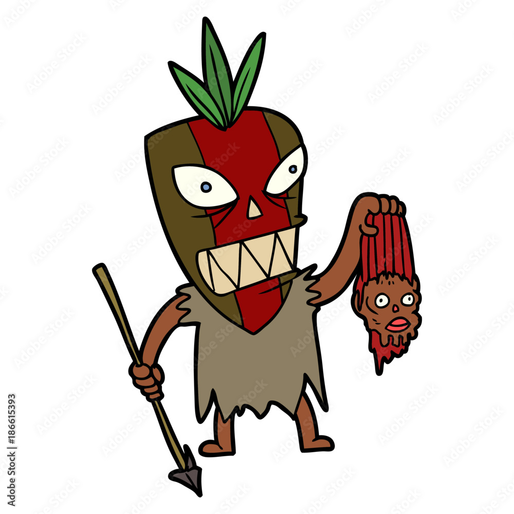 cartoon tribesman with shrunken head Stock Vector | Adobe Stock