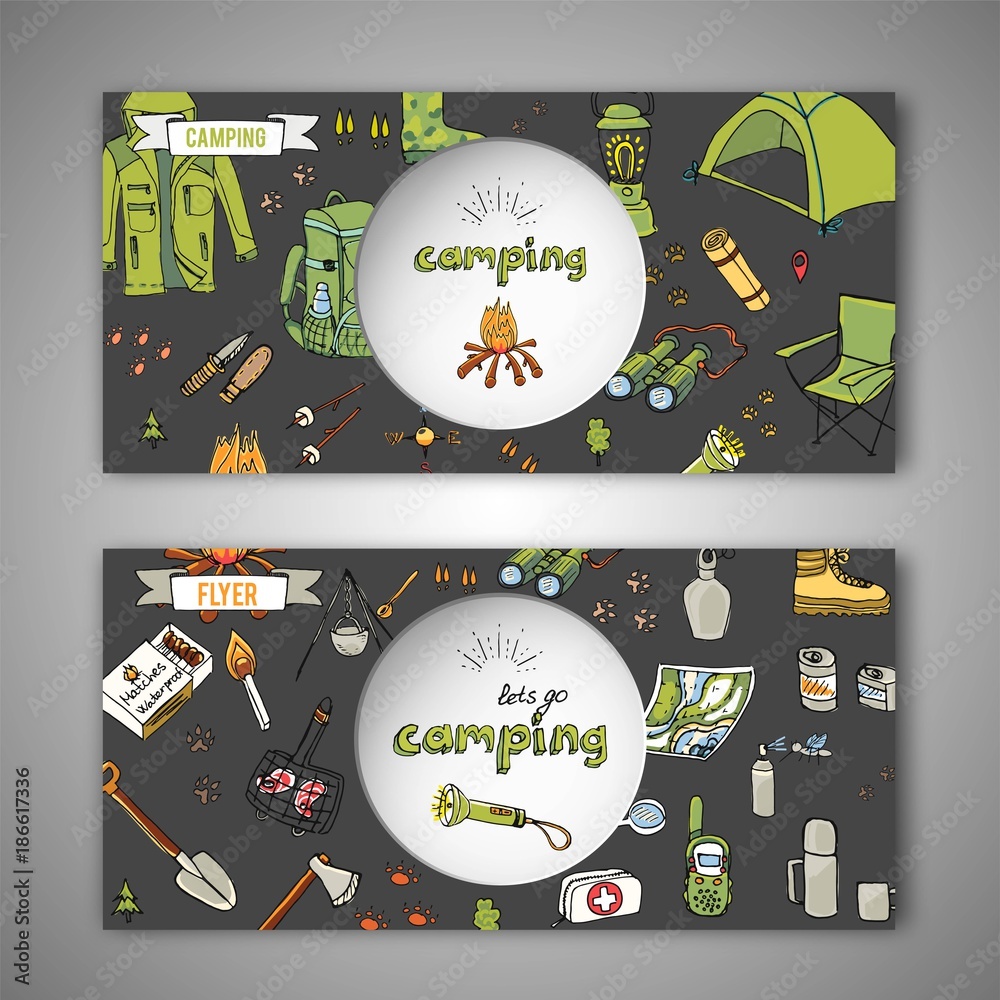 Card templates of hand drawn set with camping equipment symbols, icons ...