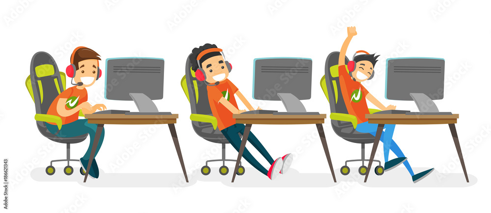 Team of caucasian white teenage gamers playing video game on a ...