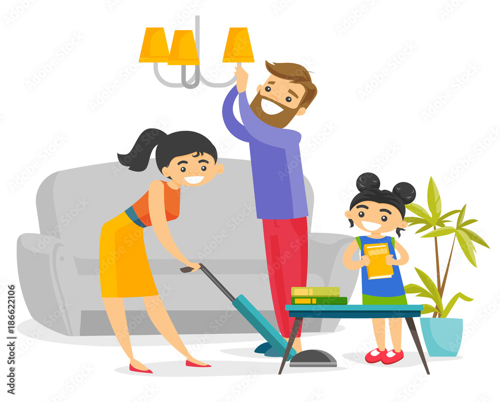 Young caucasian white family having fun while cleaning living room all ...