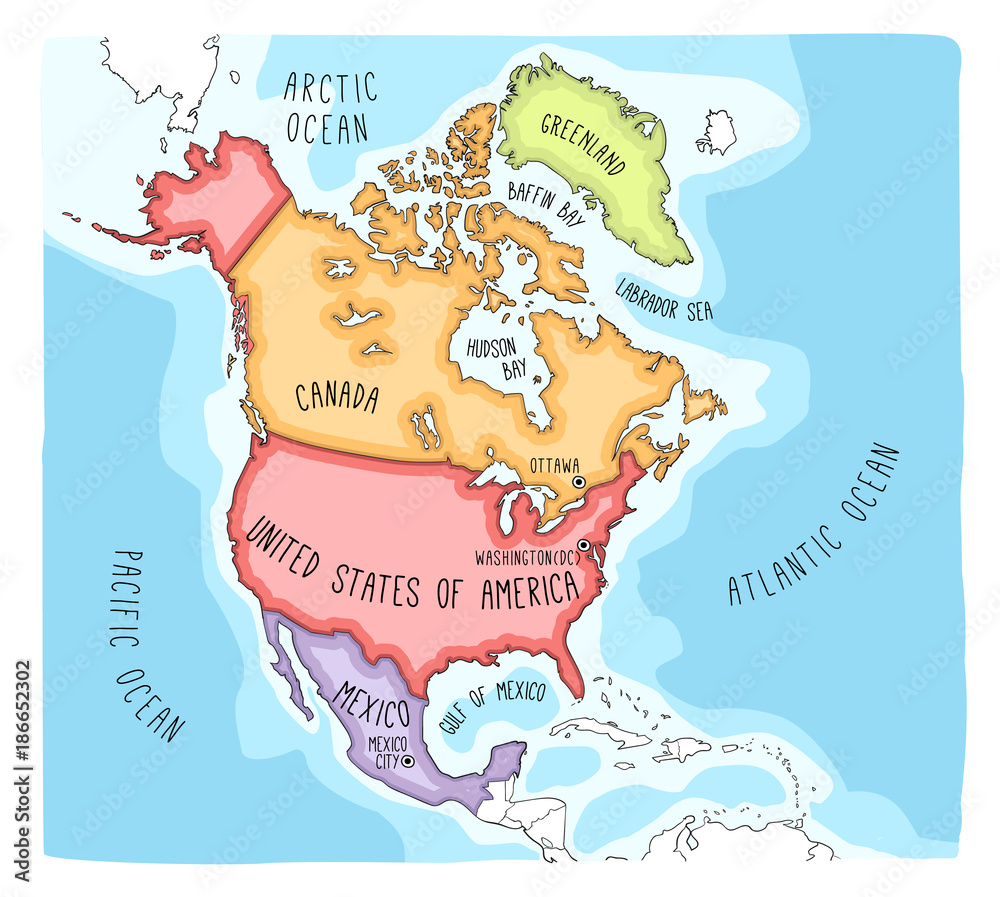Hand drawn vector map of North America. Blueprint style cartography of ...