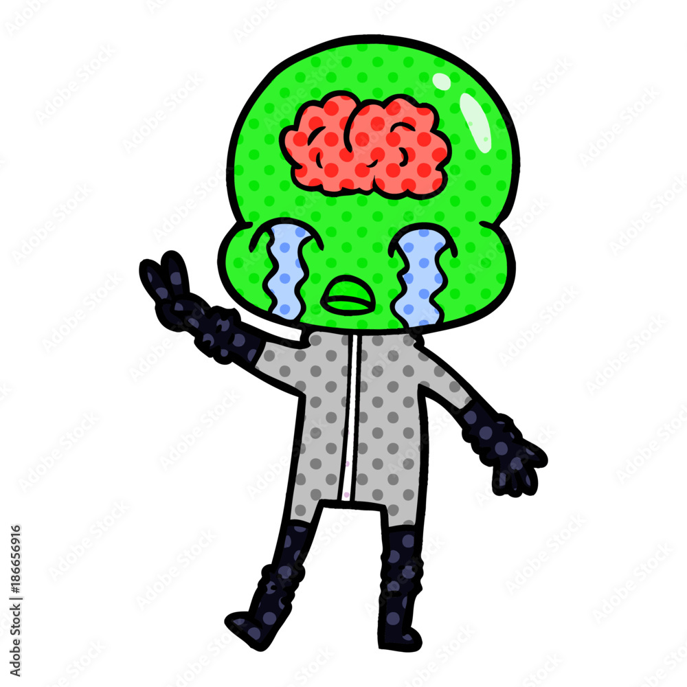 cartoon big brain alien crying and giving peace sign Stock Vector ...
