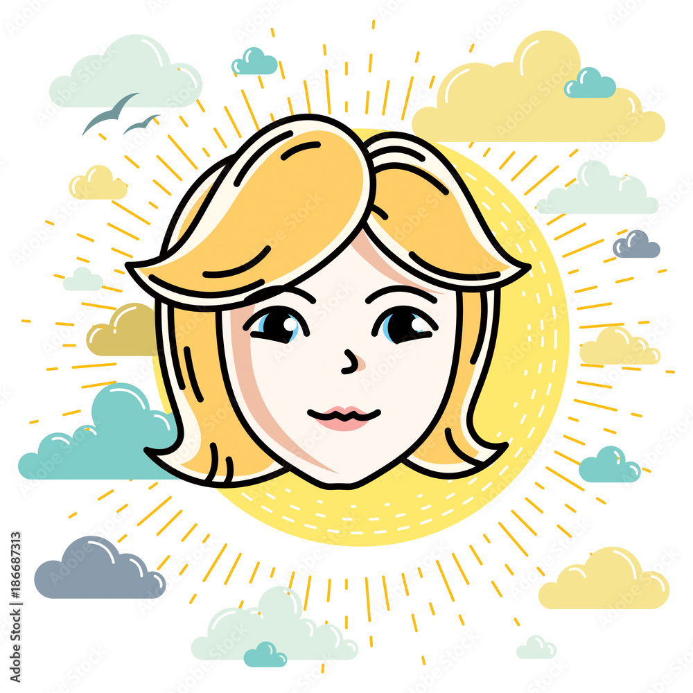 Beautiful women face, human head. Vector character, attractive blonde ...