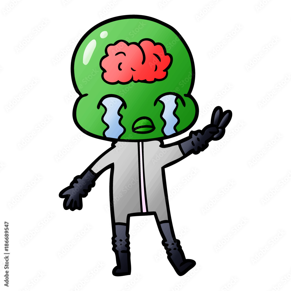 cartoon big brain alien crying and giving peace sign Stock Vector ...