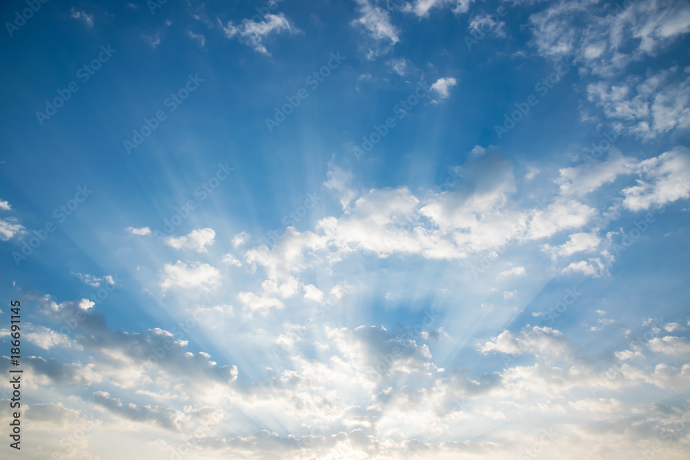 dramatic sky with sun rays, sunlight through the clouds. Stock Photo ...