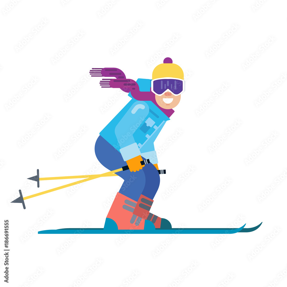 Cartoon skier isolated. Skiing sportsman character in ski suit vector ...