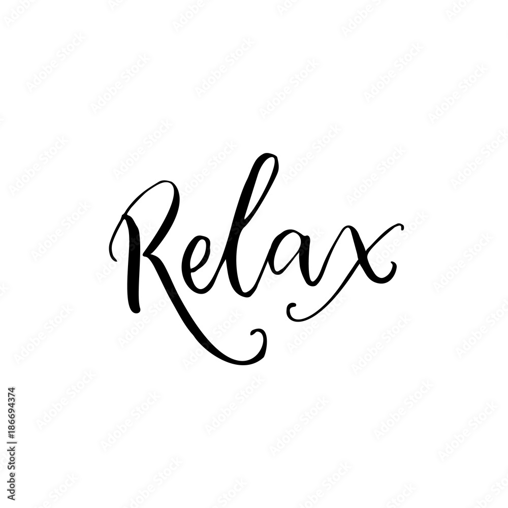 Relax. Black calligraphy word isolated on white background. Yoga class ...