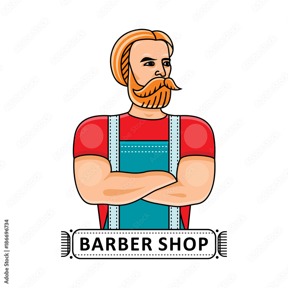 Barbershop logo template with muscular hipster barber in apron standing ...