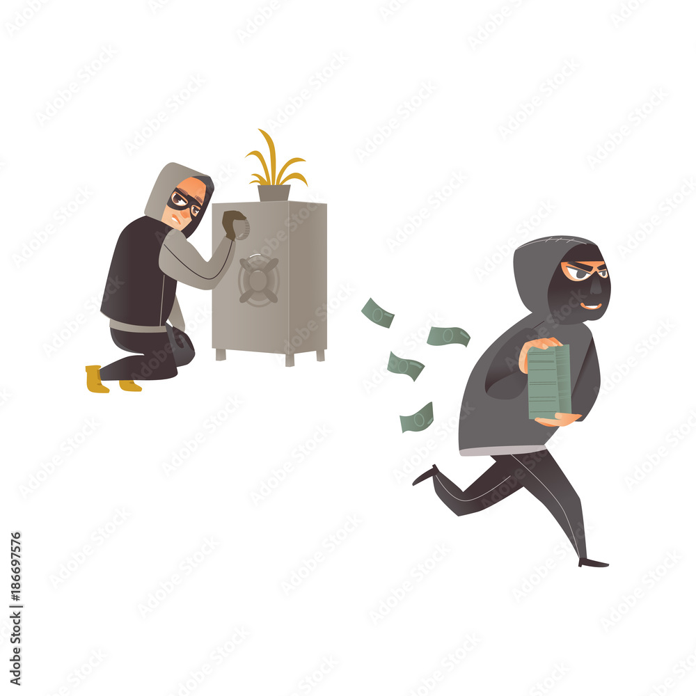 vector cartoon thief scenes set. Man burglar in hood opening safe box ...